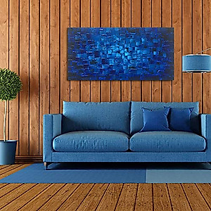 Gongyuanyihao Arts Modern Textured Abstract Squares Canvas Wall Art Hand Painted Artwork Dark Blue Oil Painting Picture for Home Decoration Framed Ready to Hang 48x24inch