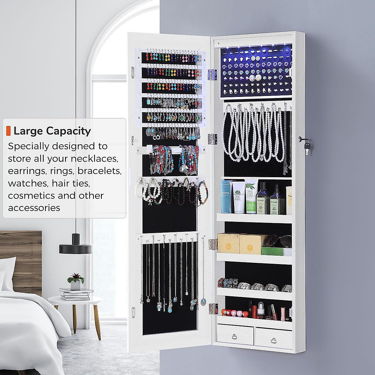 GISSAR Full Length Mirror Jewelry Cabinet, 6 LEDs Jewelry Armoire Wall Mounted Over The Door Hanging, Jewelry Organizer Storage with Lights Lockable, Bright White, 14.6" x 47.2"