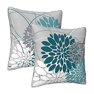 Teal Dahlia Pillow Cover 18x18 Inch Spring Summer Blue Throw Pillow Covers Gray Turquoise Geometric Floral Line Cushion Case Farmhouse Outdoor Home Decor for Sofa Bed Living Room, Set of 2