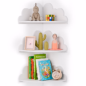 Beskadi Cloud Floating Corner Shelves - Set of 3 Cloud Corner Wall Shelves for Kid’s Room, White Corner Shelf Nursery Wall Deor, Small Cute Cloud Dispaly Shelf Wall Mounted for Toys, Plants & Storage.