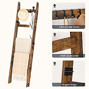 HOOBRO Wooden Blanket Ladder Shelf for Living Room, 5.2FT(63''), 5-Tier Towel Rack with Hooks, Farmhouse Decorative Blanket Rack Holder, Bathroom, Bedroom, Rustic Brown and Black FG161CJ01G1