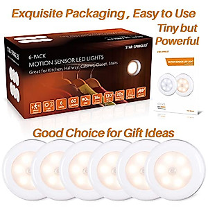 Motion Sensor Lights Indoor, STAR-SPANGLED High CRI Stick on Stair Puck Lights Battery Operated, Cordless LED Step Night Light for Under Cabinet, Hallway, Stairway, Closet, Kitchen (Warm White, 6Pack)