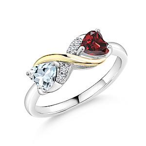 Gem Stone King 925 Sterling Silver and 10K Yellow Gold Sky Blue Aquamarine Red Garnet and Lab Grown Diamond Women Ring (1.06 Cttw, Gemstone Birthstone, Available In Size 5, 6, 7, 8, 9)