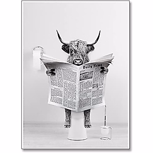 WOKEZ Funny Highland Cow Canvas Wall Art Print Painting Cute Black and White Cow Picture Animal Posters Rustic Farmhouse Style Wall Decor for Office Bathroom Restroom 12x16in Unframed