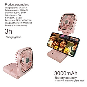 SHENSINGLE Handheld Fan Foldable Hanging Neck Fan 3 in 1 Small Fan with Phone Stand Power Bank Function 3 Speeds USB Charging Cooling Fan 3000mAh Battery Capacity for Home Office Travel (pink)