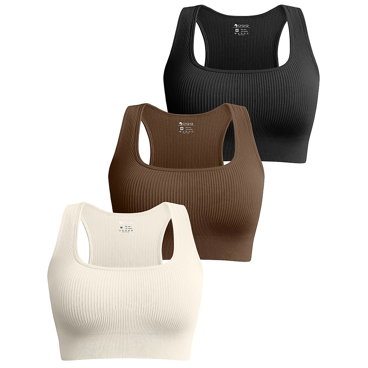 OQQ Women's 3 Piece Medium Support Crop Tops Ribbed Seamless Removable Cups Workout Exercise Racerback Sport Bra Black Coffee Beige