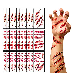 30 Sheets Halloween Temporary Tattoos, Horror Stitch Scar Scab Zombie Makeup Tattoos Stickers, Realistic Bloody Fake Wound for Halloween Party