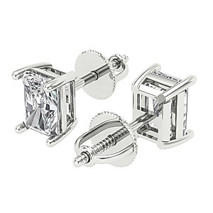 Clara Pucci 2 ct Brilliant Emerald Cut Solitaire Studs Clear Simulated Diamond 14k White Solid Gold Earrings Screw back