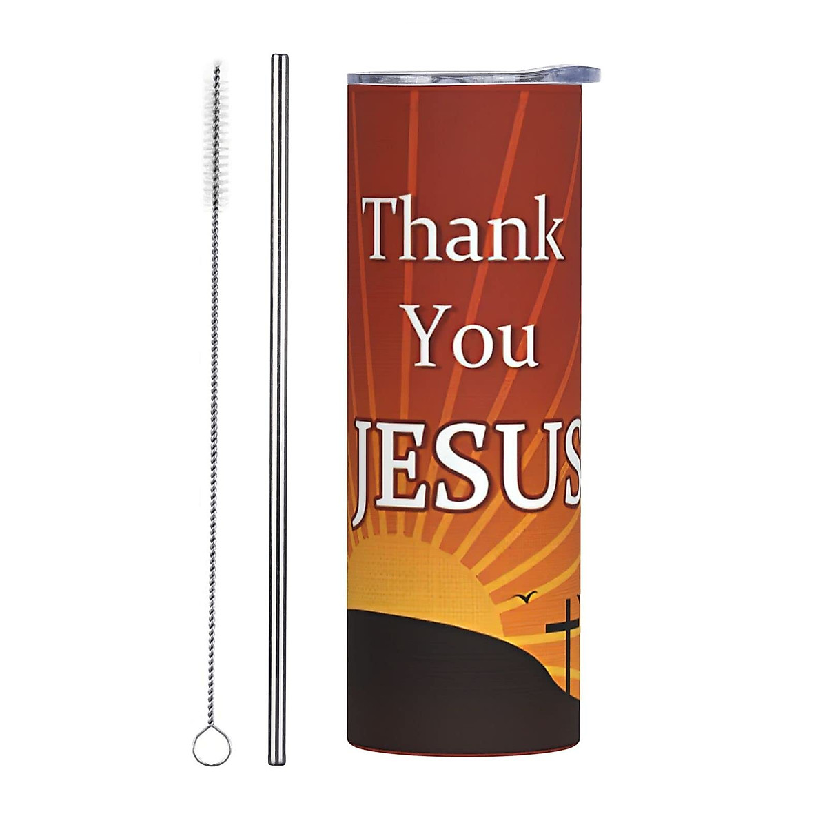 Stainless Steel Skinny Tumbler Thank You Jesus Travel Cup 20 Oz Double Wall Slim Insulated Coffee Mug With Splash Proof Lid & Straw & Cleaning Brush For Home Office