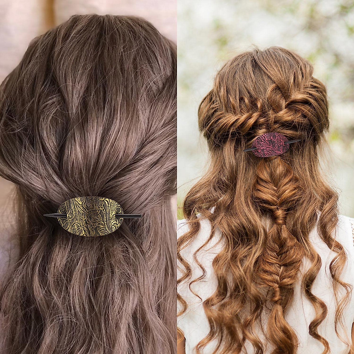 Noverlife 6PCS Hair Barrette with Stick, Faux Leather Oval Shape Hair Clips Hair Slider Pin Ponytail Holders, Bohemian Style Hair Accessories Barrette with Wood Slide Stick for Women Girls