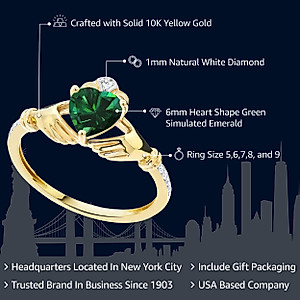 Gem Stone King 10K Yellow Gold Green Simulated Emerald and Diamond Accent Irish Celtic Claddagh Ring For Women (0.74 Cttw, Available in size 5, 6, 7, 8, 9)