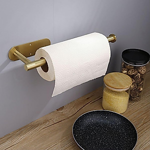 Paper Towel Holder Wall Mount，Aluminum Alloy Paper Towel Holder Sturdy and Durable ,Paper Towel Holder Under Cabinet ,Vertically or Horizontally Mount Both Available in Adhesive and Screws（Gold）