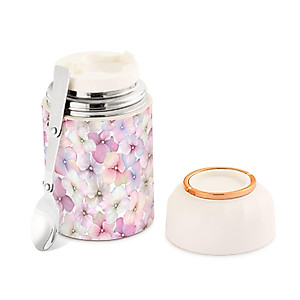Inflorescence Hydrangea Randomly Arranged Kids Womens Insulated Food Jar Container with Spoon 17oz/500ml Kids Lunch Box Stainless Steel Vacuum Leak Proof Insulated Jar for Keep Food Hot