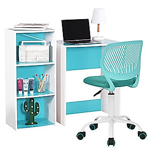 FurnitureR Writing Task Chair 360 Swivel,Low Mid PP Mesh Back Fabric Seat, Height Adjustable, Rolling Castor,W15.7”xD15.2”x H29.5-34.2",Turquoise