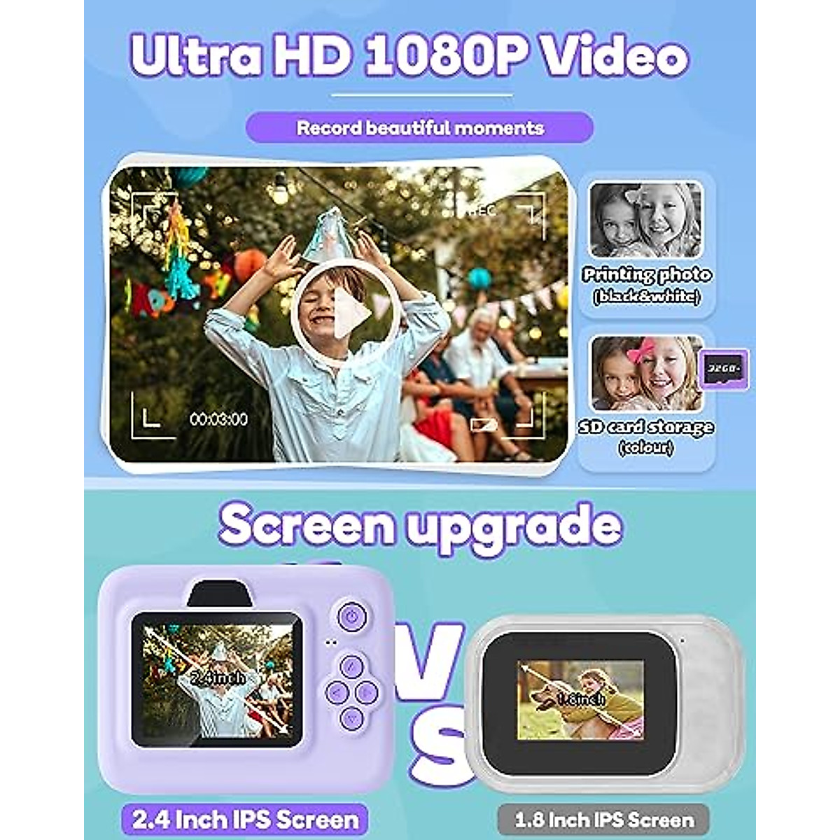 Dylanto Instant Print Camera for Kids,2.4 Inch Screen Kids Instant Cameras, Christmas Birthday Gifts for Girls Age 3-12, Portable Toddler Toy for 3 4 5 6 7 8 9 10 Year Old Girls Boys Purple