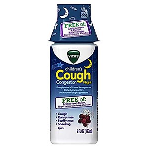Vicks Children's Nighttime Cough & Congestion Relief, FREE OF: Artificial Dyes & Flavors, High Fructose Corn Syrup & Alcohol, Grape Flavor, For Children Ages 6+, 6 FL OZ