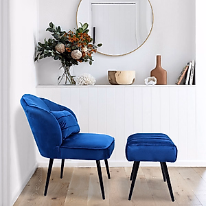 NO MORE TAG Velvet Living Room Chair with Ottoman, Accent Chair with Footstool, Blue Accent Chair, Velvet Chair and Ottoman Set, Chair Without Armrest