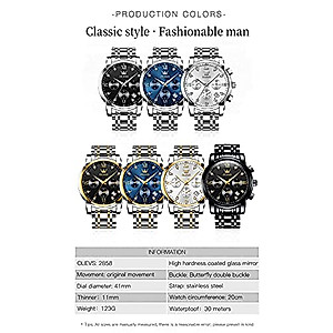 OLEVS Men Watches with Date Bussiness Watches for Male Luminous Quartz Mens Watches Waterproof with Stainless Steel Strap Stopwatch Timing Function (Black Band Black dial)