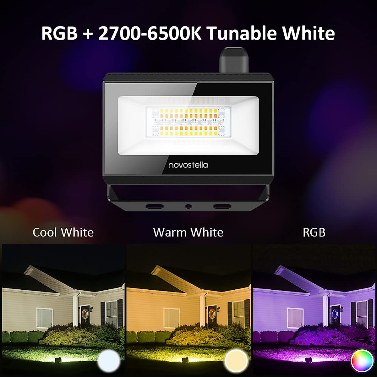 NOVOSTELLA Smart Led Flood Lights Outdoor 200w Equivalent, Halloween RGB+CW Color Changing Spotlights APP Control Stage Landscape Lights, 2700K-6500K IP66 Waterproof Uplight Wall Washer Light (4 Pack)