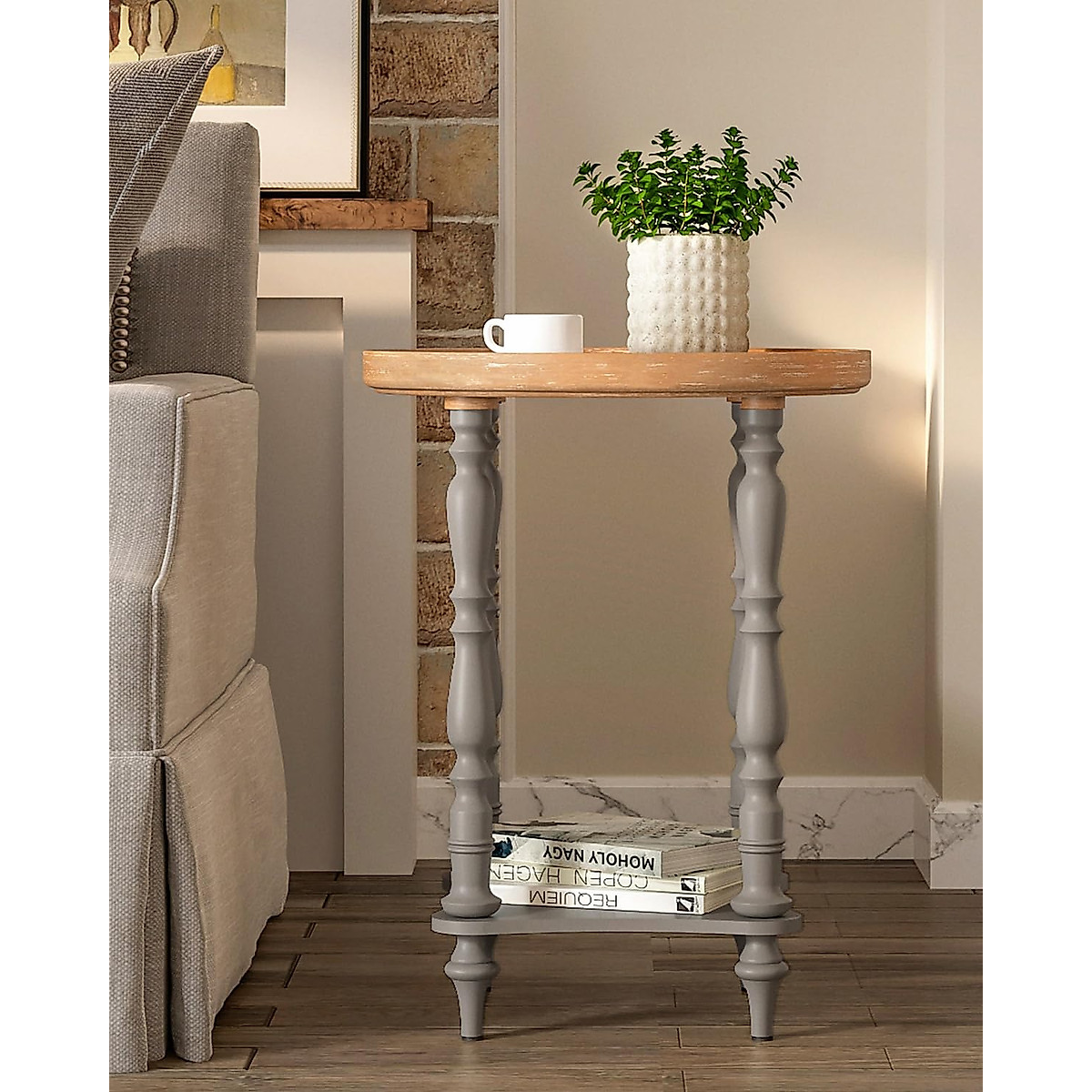 VONLUCE French Country End Table, 19'' Round Farmhouse Side Table, Distressed Wood Tray Top Rustic Accent Table for Living Room Bedroom, Small Space, Gray