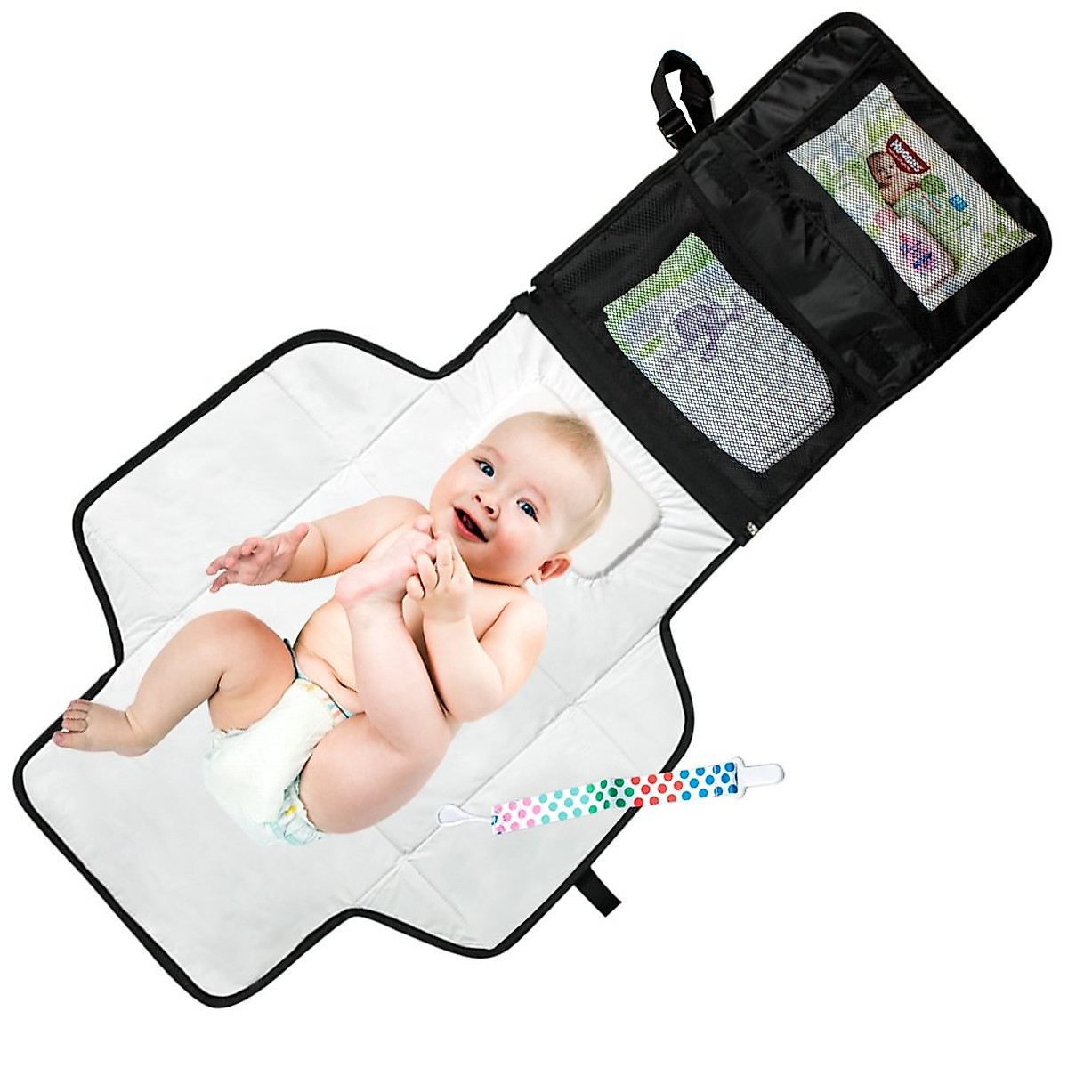 Portable Diaper Changing Pad - Waterproof with Built-in Head Cushion - Baby Diaper Change Mat for Travel and Home – Bonus Pacifier Holder Clip