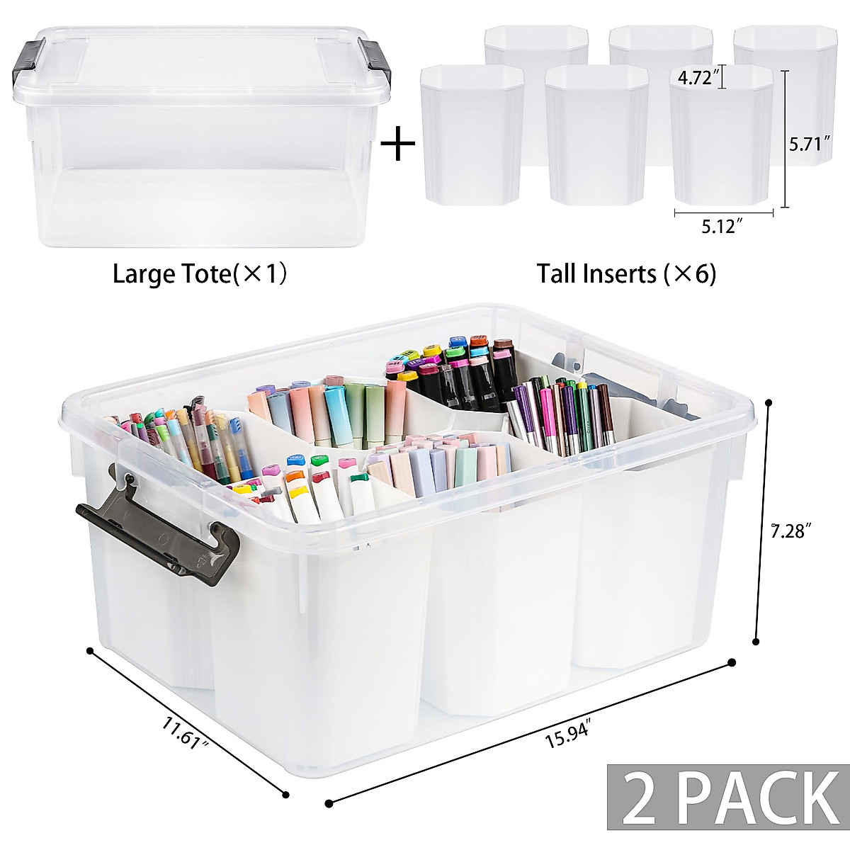 Tiawudi 2 Pack 17 QT Plastic Storage Containers with Lid, Art Supply Storage Organizer with 6 Detachable Inserts, Clear Stackable Storage Box for Craft, Lego, Crayon, Sewing, Bead and Tool