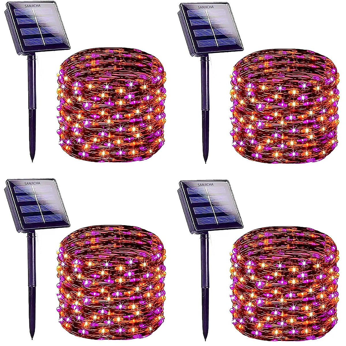 SANJICHA Orange and Purple Solar Halloween Lights Outdoor Waterproof, 4-Pack 132 FT 400 LED Solar String Lights Black Wire 8 Modes Solar Fairy Lights for Festive Decoration Tree Horror Party