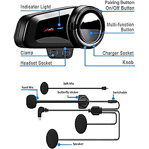 QSPORTPEAK Motorcycle Helmet Bluetooth Intercom Headset Communication Systems Kit, M2 Full Duplex 6 Riders Group Helmet Intercom/FM Radio/Voice Prompt/MP3/GPS Connective/Range 1000m/IP67 Waterproof