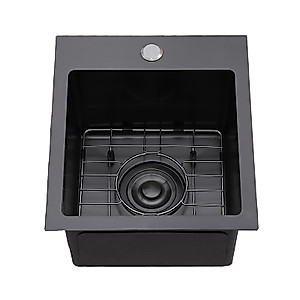 VCCUCINE Black Bar Sink Drop in, 13 x 15 Inch Topmount RV Small Kitchen Sink, Handmade Stainless Steel Wet Bar Sink, Outdoor Single Bowl Prep Sink with Dish Grid & Drain