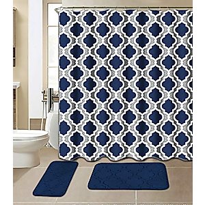 All American Collection 15-Piece Bathroom Set with 2 Memory Foam Bath Mats and Matching Shower Curtain | Designer Patterns and Colors (Geometric Navy)