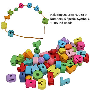 51Pcs Wooden Lacing Beads, Alphabet Letters Numbers Threading String Toys Preschool Fine Motor Skills Toy for Kids Boys Girls