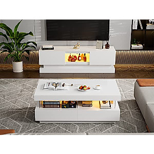 IKIFLY Modern High Glossy Coffee Table, White Coffee Table with 2 Storage Drawers and Acrylic Design Open Space, Rectangle Coffee Table with 16 Colors LED Lights for Living Room