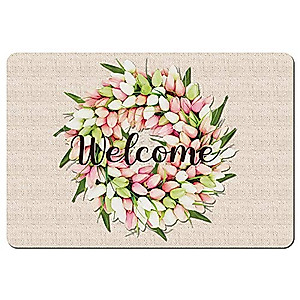 Nuanchu Flower Welcome Doormat 15.7 x 23.6 Inch Flower Theme Indoor Outdoor Welcome Mat Non Slip Welcome Mat for Spring Easter Door Decor