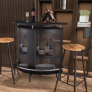 JOMEED Bar Table with Storage, High Top Table with Metal Mesh Front, Goblet Holders and Footrest, Semi Cylindrical Shape Black Liquor Bar for Home