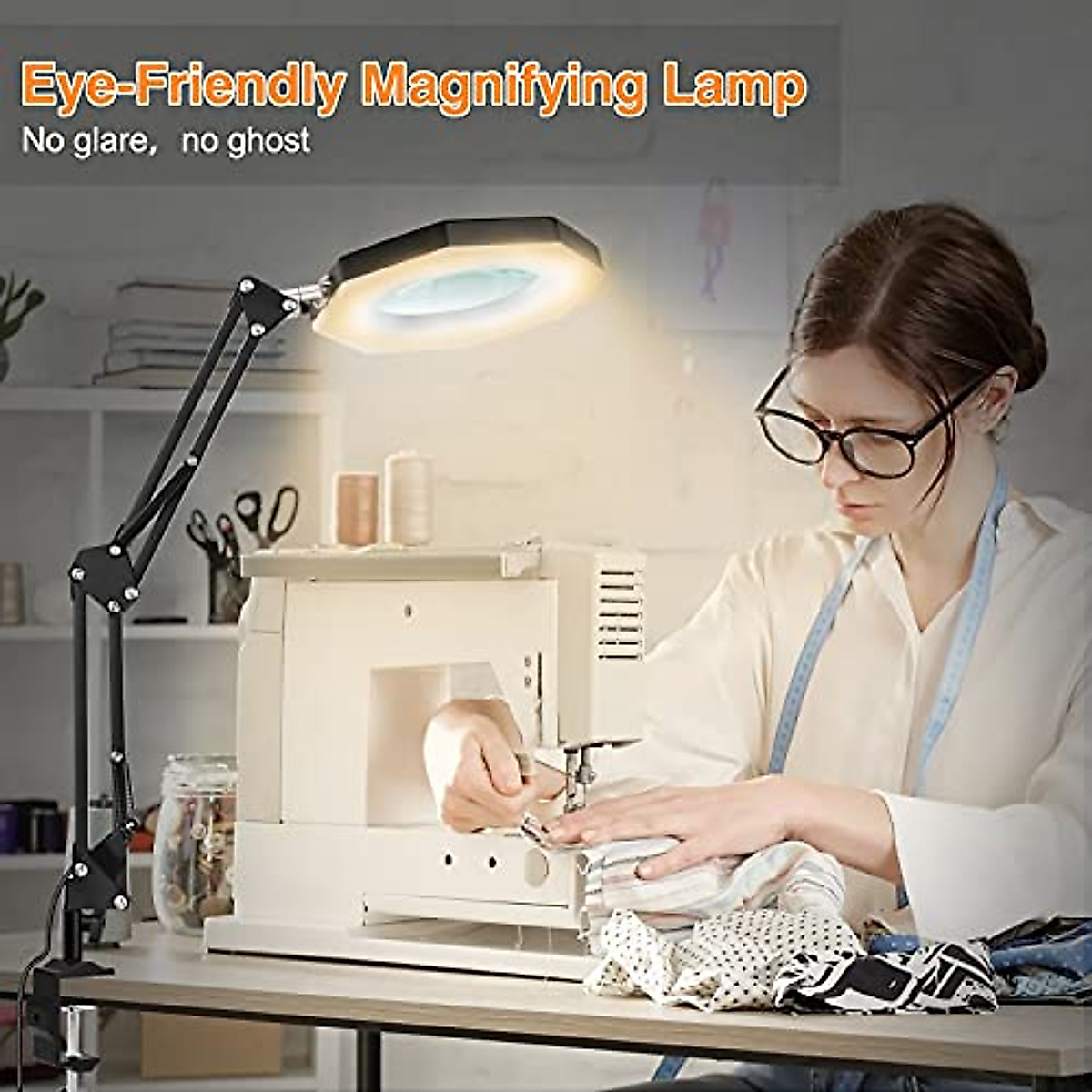 Magnifying Glass with Light and Stand, 3 Color Modes Stepless Dimmable, 5-Diopter Glass Lens, Adjustable Swivel Arm, LED Magnifier Desk Lamp for Close Work, Repair, Crafts, Painting Miniatures (16")