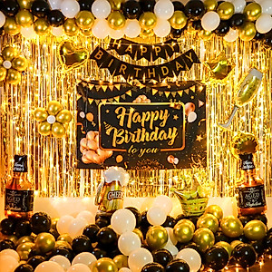 Birthday Party Decoration for Men Gold Curtains Birthday Backdrop Banner and Balloons Set Party Supplies with String Light for Men and Women Birthday Party