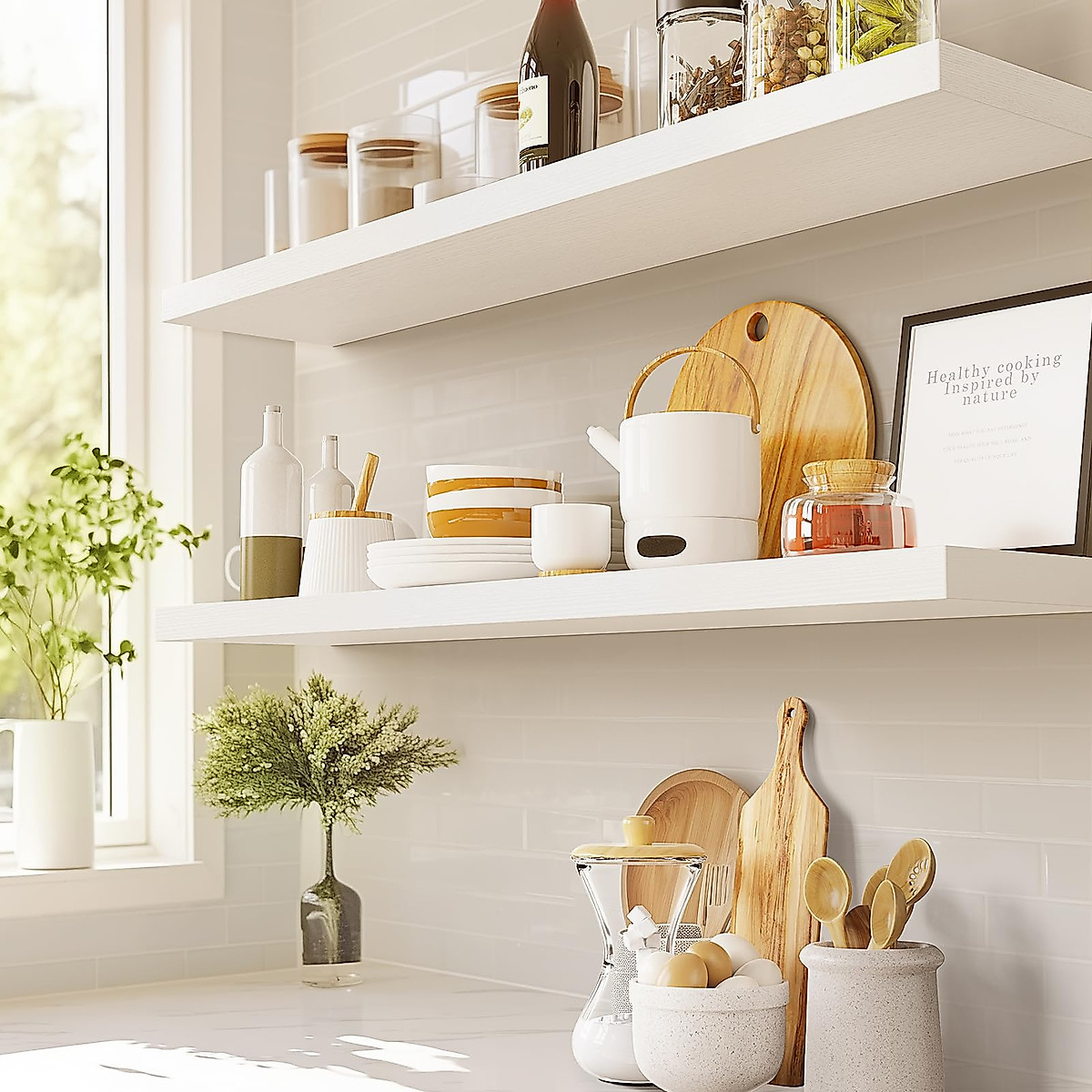 AMADA HOMEFURNISHING Floating Shelves, 32″ Large Wall Mounted Shelves for Bathroom, Bedroom, Living Room, Kitchen, Office, Hanging Shelf for Wall Décor Storage, Set of 2, White