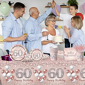 60th Birthday Tableware Decorations for Women, 142Pcs Pink Rose Gold 60th Birthday Supplies Plates and Napkins,Cups,Tablecloth,Happy 60th Birthday Banner for 60 Years Old Birthday Party