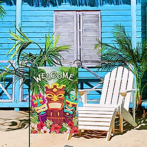 Hzppyz Welcome Summer Tiki Aloha Hibiscus Frangipani Flower Garden Flag, Tropical Hawaii Luau Coconut Tree Floral Decorative House Yard Outdoor Small Decor, Spring Home Outside Decoration 12x18