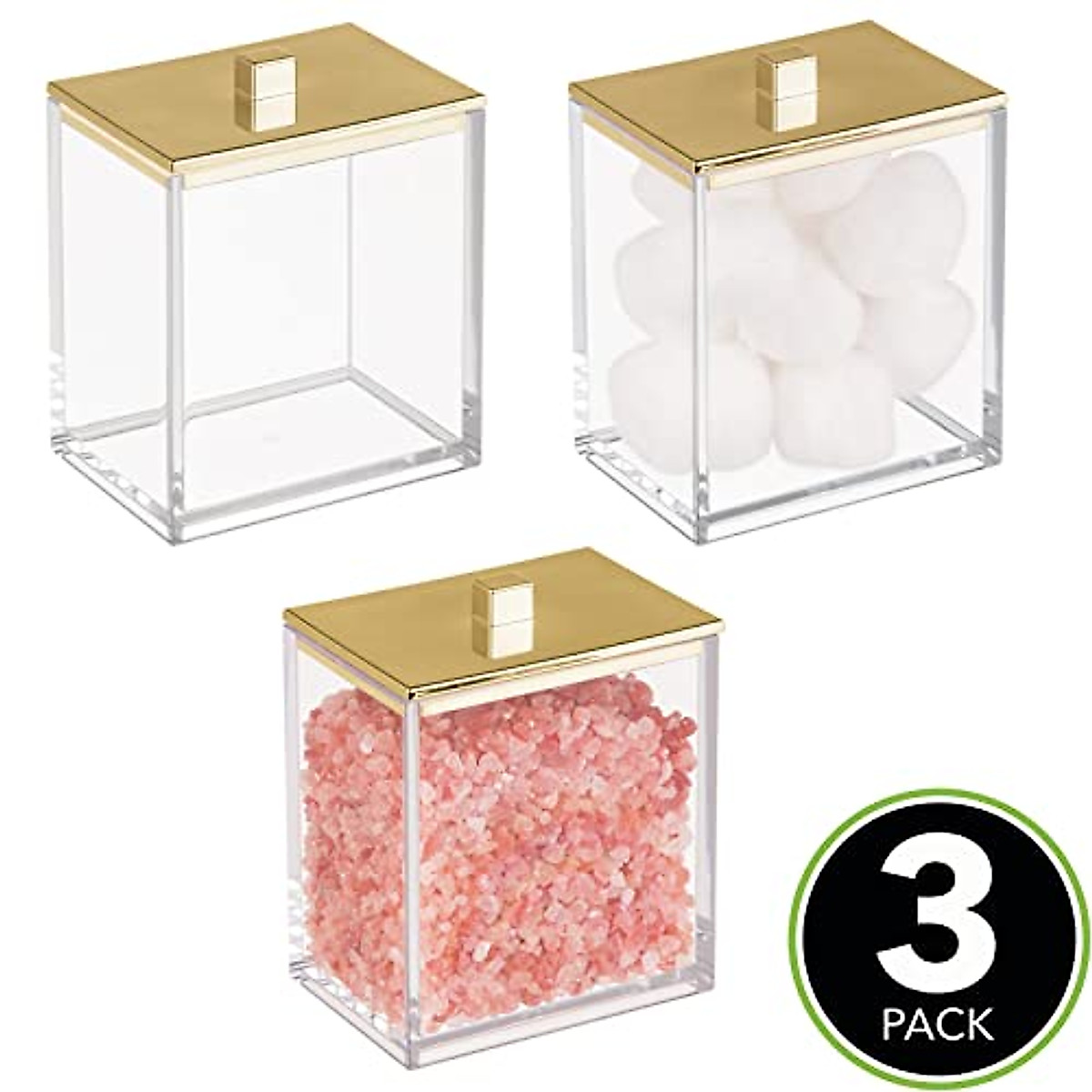 mDesign Plastic Rectangle Apothecary Canister - Organizer for Bathroom Vanity Countertop Shelf Decor - Holds Cotton Swabs, Soap, Makeup, Bath Salts - Lumiere Collection - 3 Pack - Clear/Soft Brass