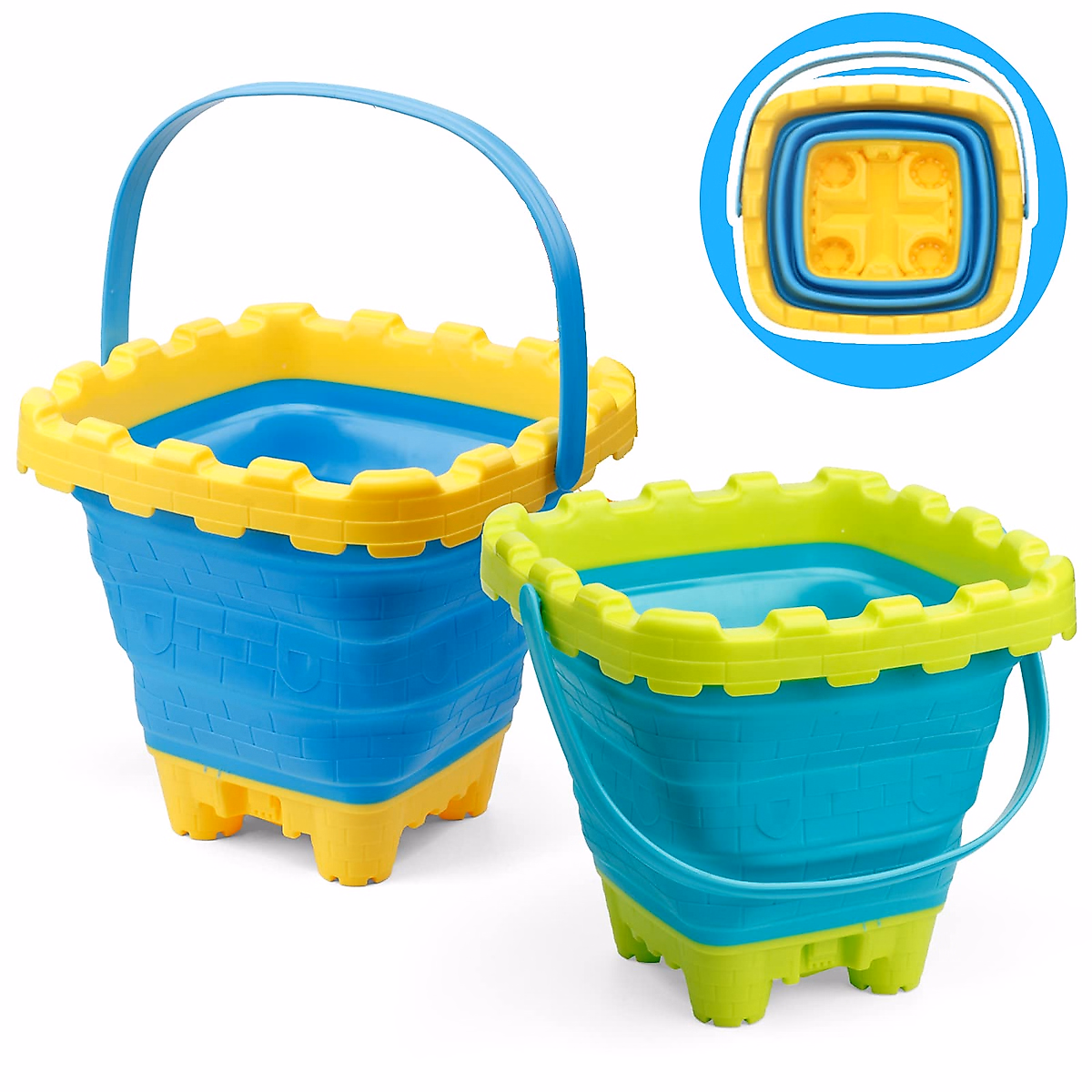 Castle Foldable Beach Sand Buckets Toy Set, 2L Silicone Collapsible Pails, Large Multi Functions Sandbox Kit Camping Traveling Gear, Beach Buckets Essential for Vacation Kids Adults 2 Pack