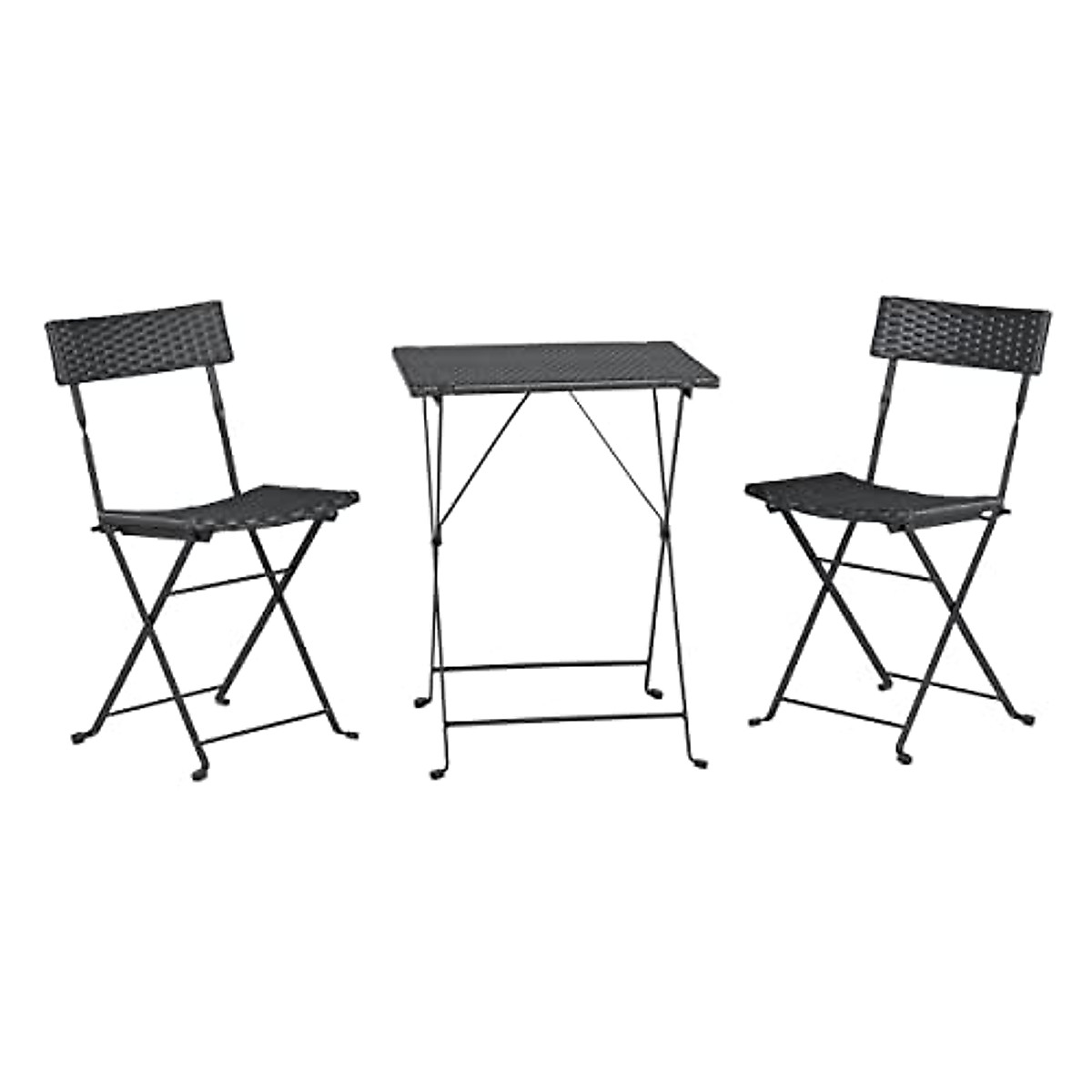 Lavish Home 80-OUTD BLK, Black Folding Patio Bistro Set – 3-Piece Rattan Wood and Steel Café Table and Chairs for Porch, Deck, Garden, or Balcony Furniture