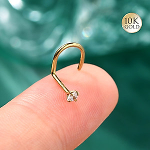 COCHARM 10k Solid Gold Clear CZ Nose Stud 20g 10K Yellow Gold Nose Screw Nose Rings Hypoallergenic S Shape Nose Piercing For Women Men