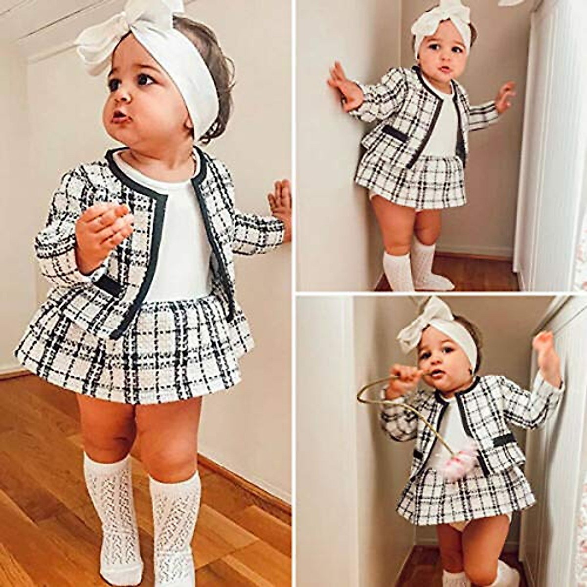 2Pcs Toddler Baby Girls Kid Long Sleeve Plaid Cardigan Coat Outwear +Plaid Dress Tutu Skirt Princess Party Formal Outfits (Gray and White Plaid Coat + Tutu Dress, 4-5T)