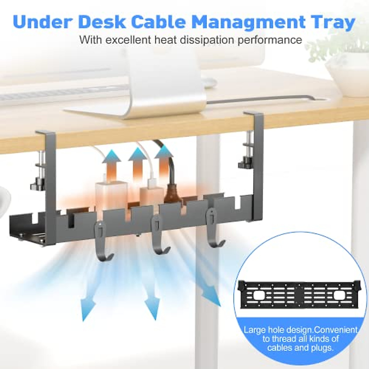 POKIPO Under Desk Cable Management Tray, Cable Management Under Desk, Retractable Under Desk Cord Organizer Wire Management No Drill Cable Tray with Clamp, Black Metal Rack Basket for Standing Desk