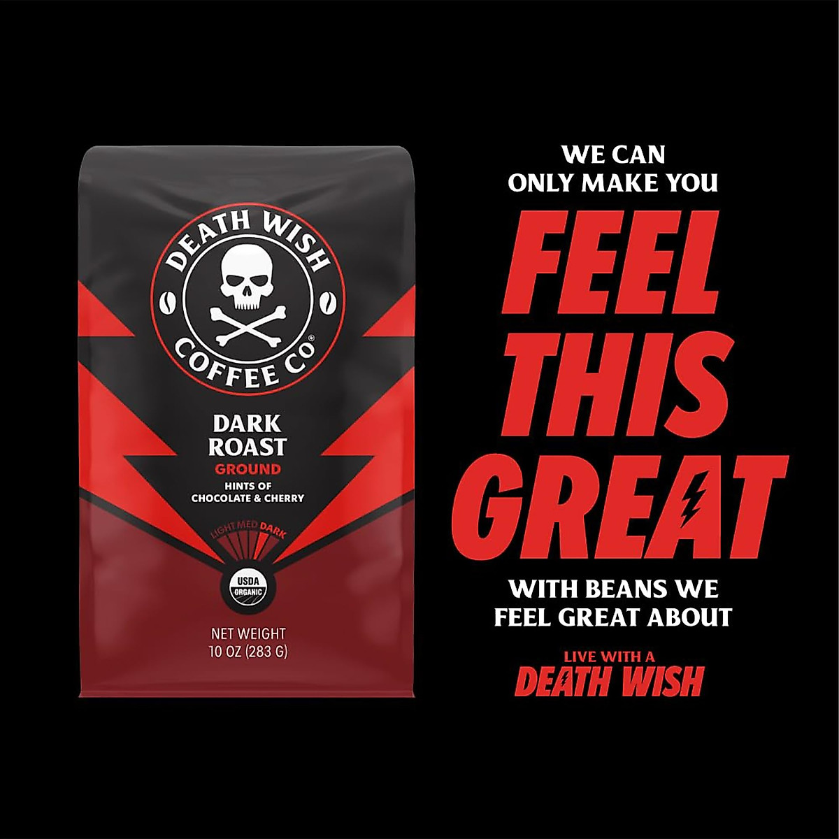 Death Wish Coffee, Whole Bean Dark Roast - USA Organic Coffee Beans Bundle/Bulk - Fair Trade Arabica & Robusta - 16 Ounce (Pack of 2)