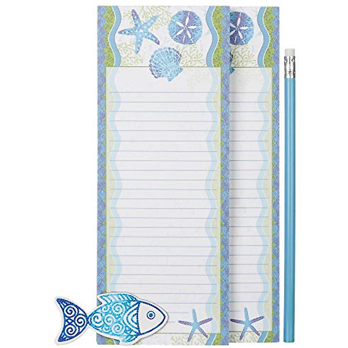 2 Magnetic Notepads, 1 Pencil, 1 Magnet Tropical Fish and Seashell Design