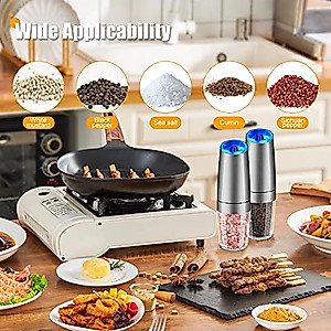 Enutogo Electric Salt and Pepper Grinder Set, Gravity Automatic Mill Salt and Pepper with Adjustable Coarseness, Battery Powered with LED Light, One Hand Operation, Stainless Steel