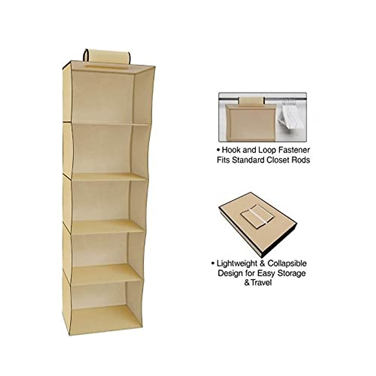 plastific 5 Tier Hanging Wardrobe Storage Shelf Organiser Breathable Closet Pockets Unit Cupboards Shelves Foldable for Clothes Sweaters Shoes Accessories…