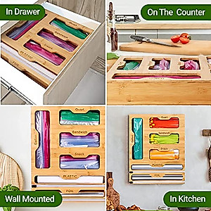 INKS Bamboo Ziplock Bag Organizer for Drawer, 6 in 1 Aluminum Foil and Plastic Wrap Dispenser With Cutter, Ziplock Baggie Kitchen Organization Storage Suitable for Food Gallon-Quart-Sandwich-Snack-Bag